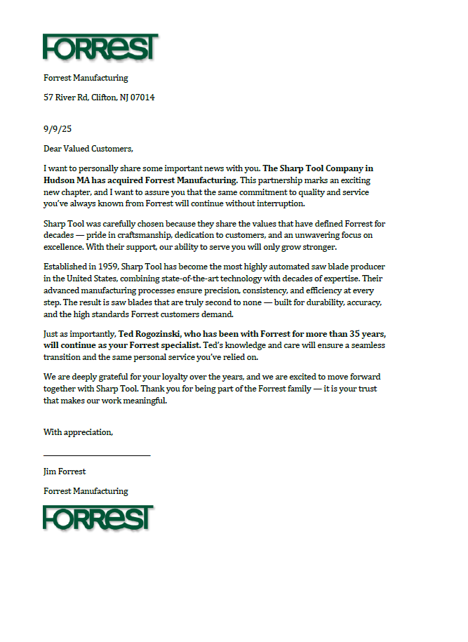 Sharp Tool acquires saw blade maker Forrest Manufacturing | Woodworking ...