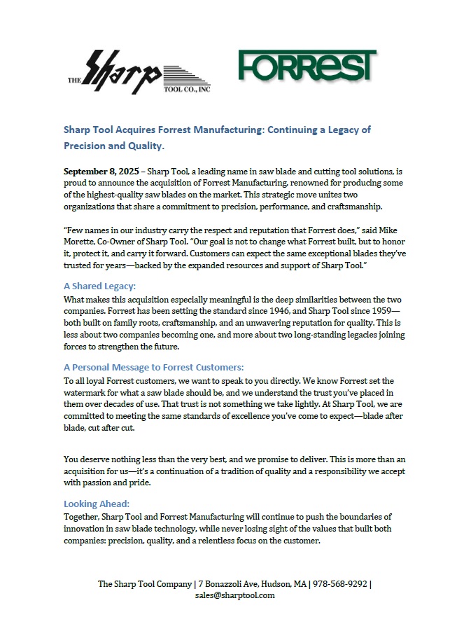 Sharp Tool acquires saw blade maker Forrest Manufacturing | Woodworking ...